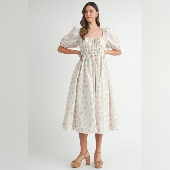 Mable | Dresses | Mable Floral Drawstring Detail Puff Sleeve Midi Dress ...